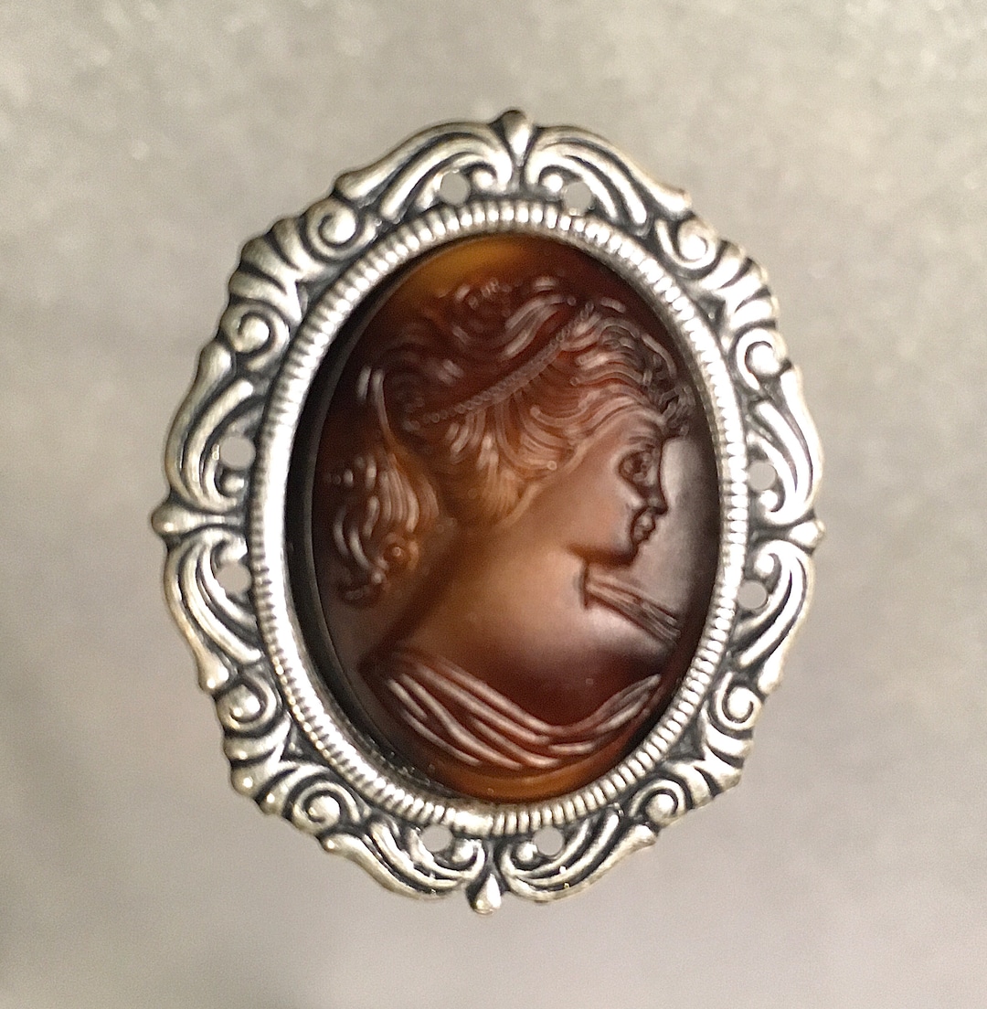 HATPIN With Rare Vintage German Glass BROWN CAMEO of a Lady on Silver ...