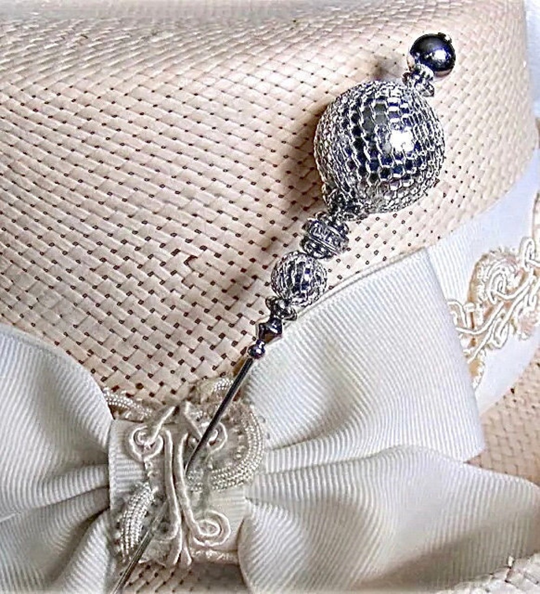 HATPIN With Sexy SILVER LACE Beads and Rhinestone Roundel Silver Finish ...