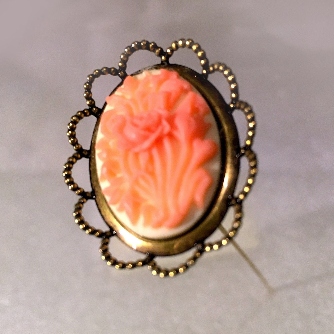 Hatpin With Peach Flowers On White Cameo In A Vintage Brass Finish
