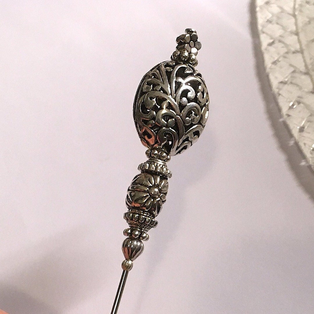 HATPIN With Rare TIBETAN PEWTER Design - Silver Finish Setting - 6" Hat ...