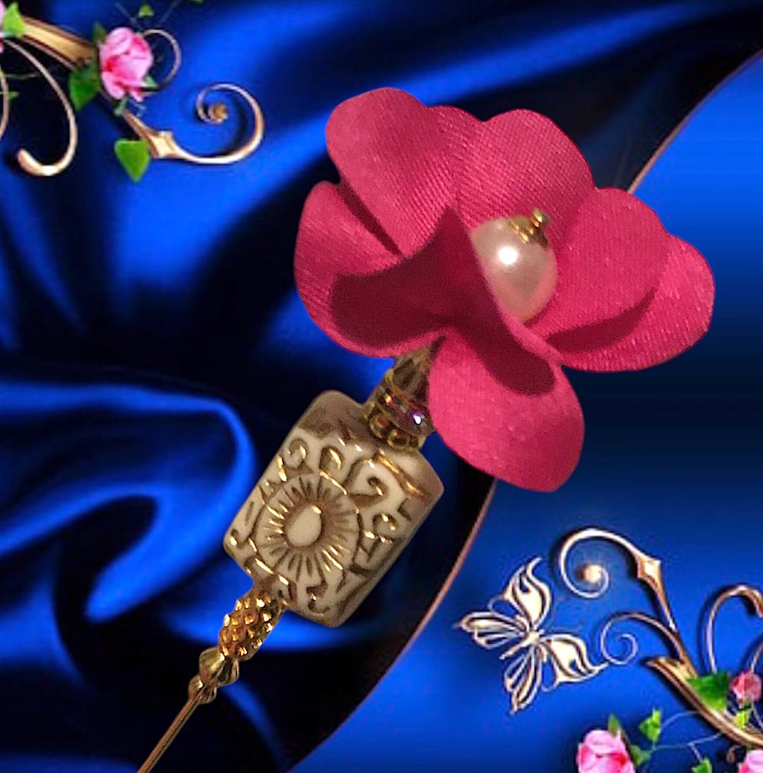 HATPIN With RED Fabric FLOWER & Rhinestones on Old Gold Finish Setting ...