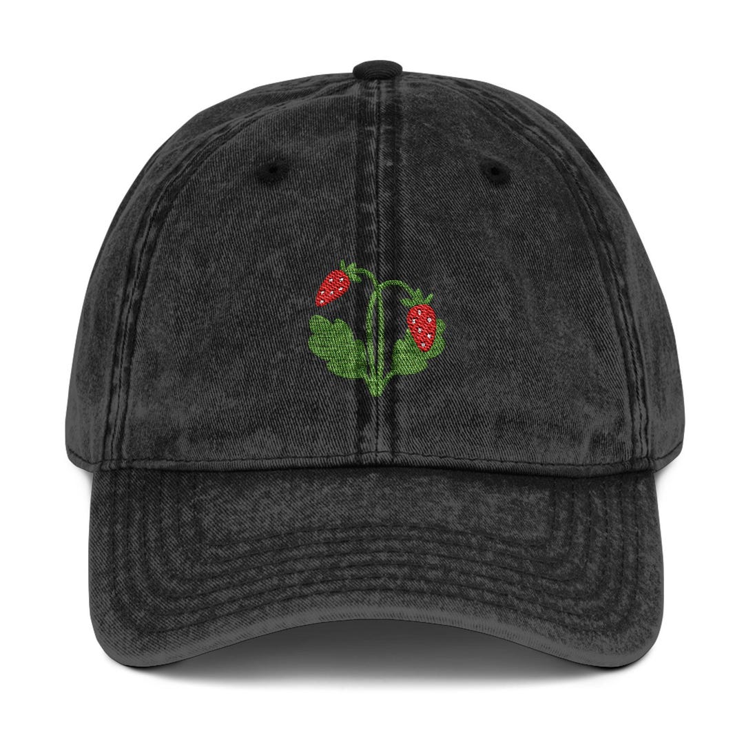 Strawberry Pair Vintage Cap -- Embroidered Strawberries Hat, Floral ...