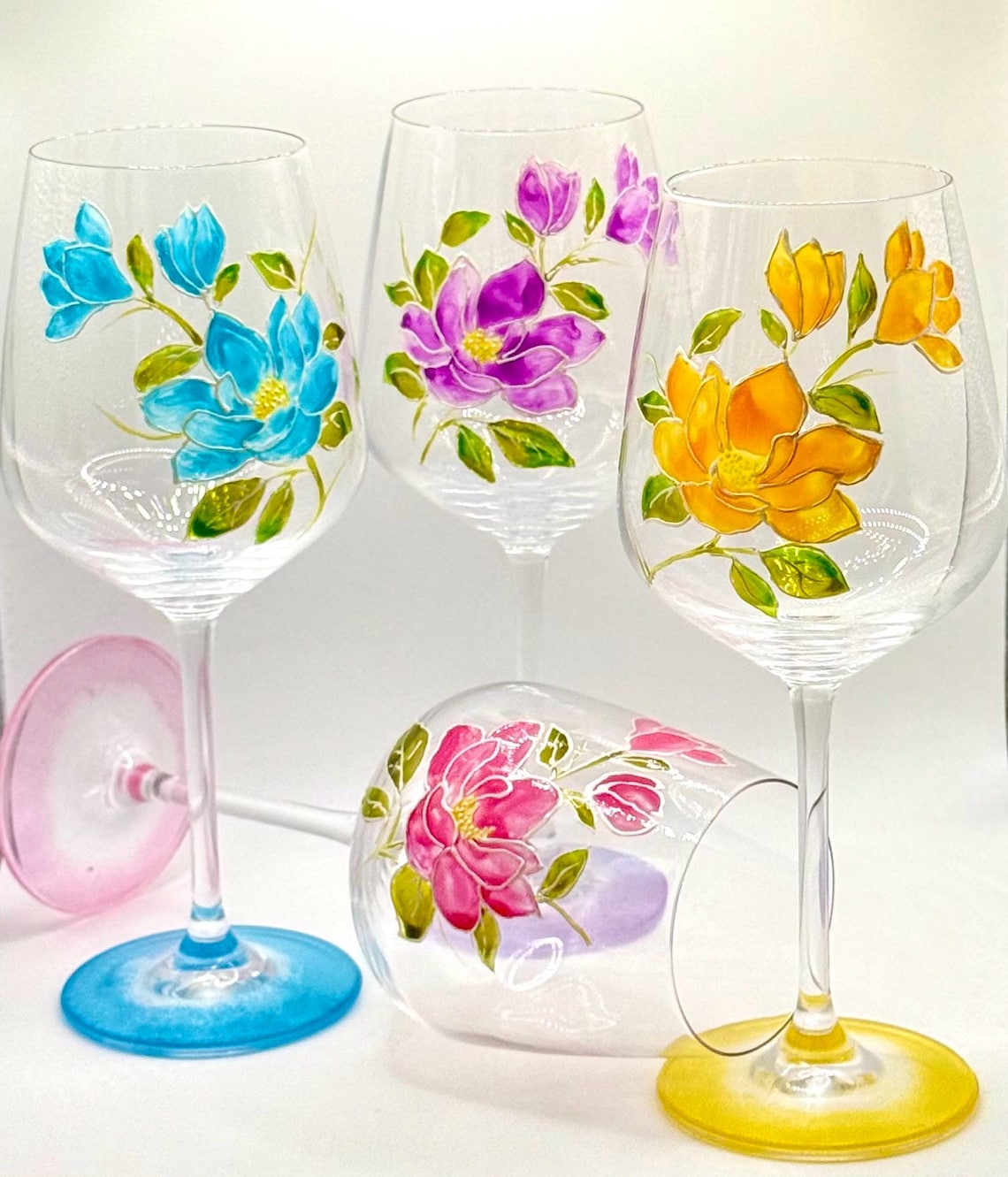 Hand-painted Floral Wine Glasses | Set of 4 | Flowers | Elegant ...