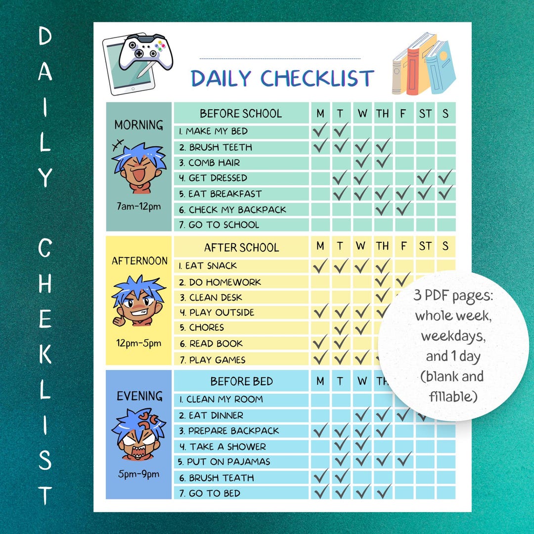Boys Daily Checklist, Todo List, Editable Planner, Printable PDF, Kids ...