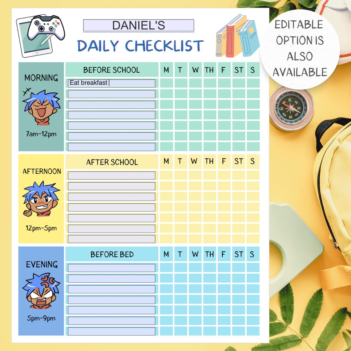 Boys Daily Checklist, Todo List, Editable Planner, Printable PDF, Kids ...