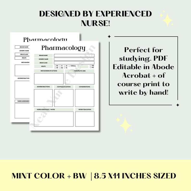 Mint Fillable Pharmacology Template - Nursing School Notes - Medication ...