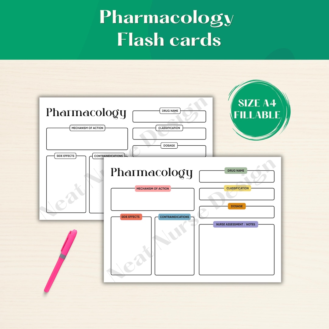 Cute Pharmacology Flashcards Fillable PDF Nursing Student Flash Cards ...