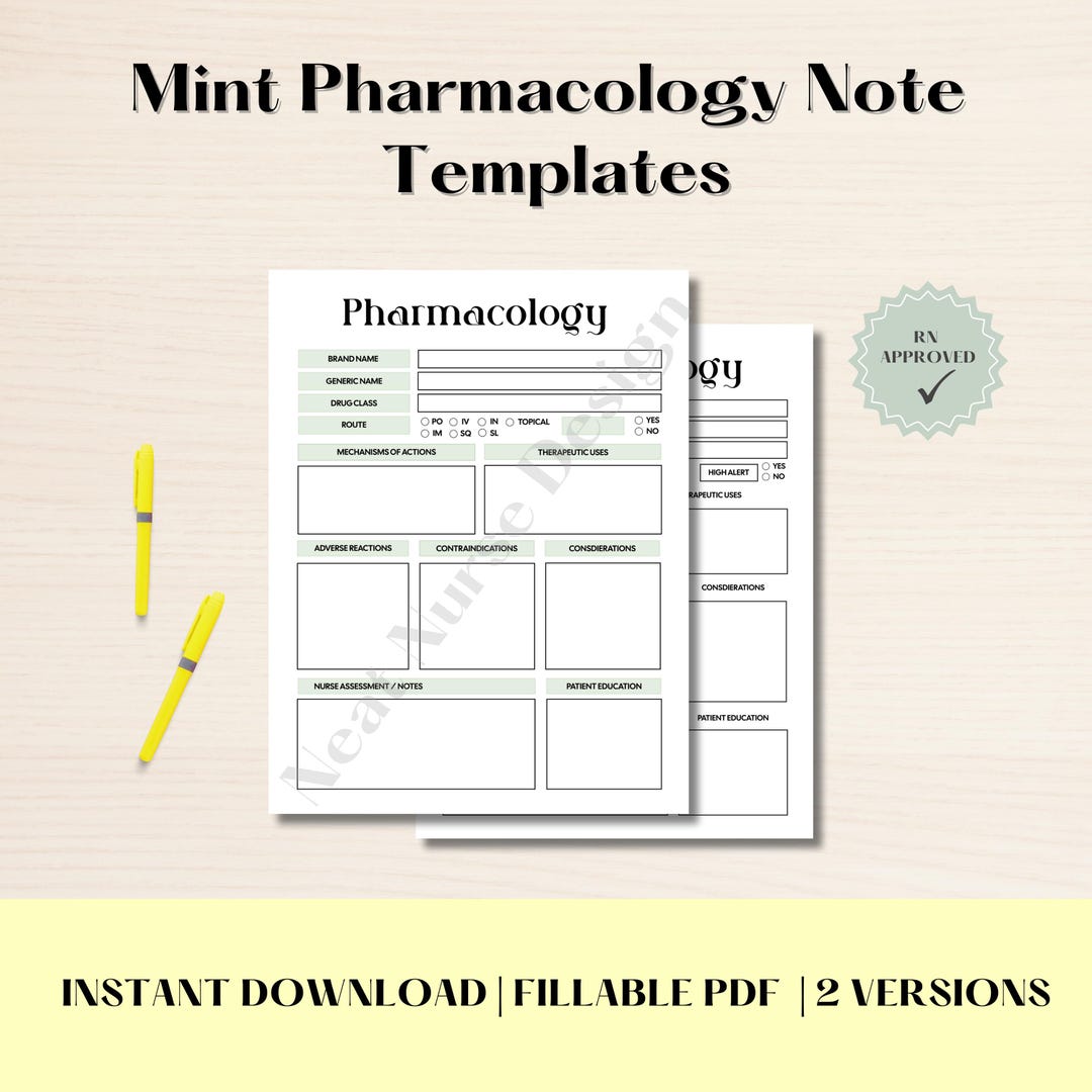 Mint Fillable Pharmacology Template Nursing School Notes Medication ...