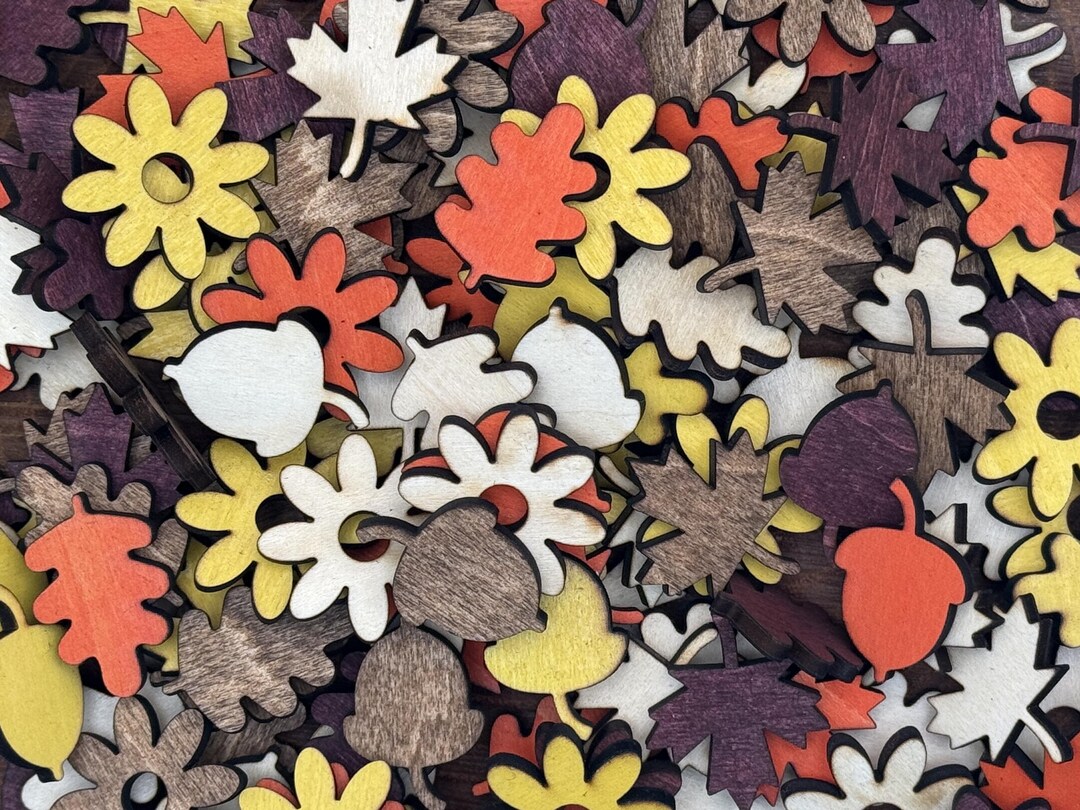 150 Tiny Fall Wood Pieces | Confetti, Flower, Leaves, Acorn ...