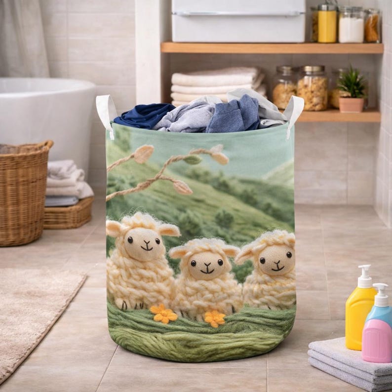 Sheep Family Laundry Basket, Faux Yarn Texture Laundry Hamper, Soft ...