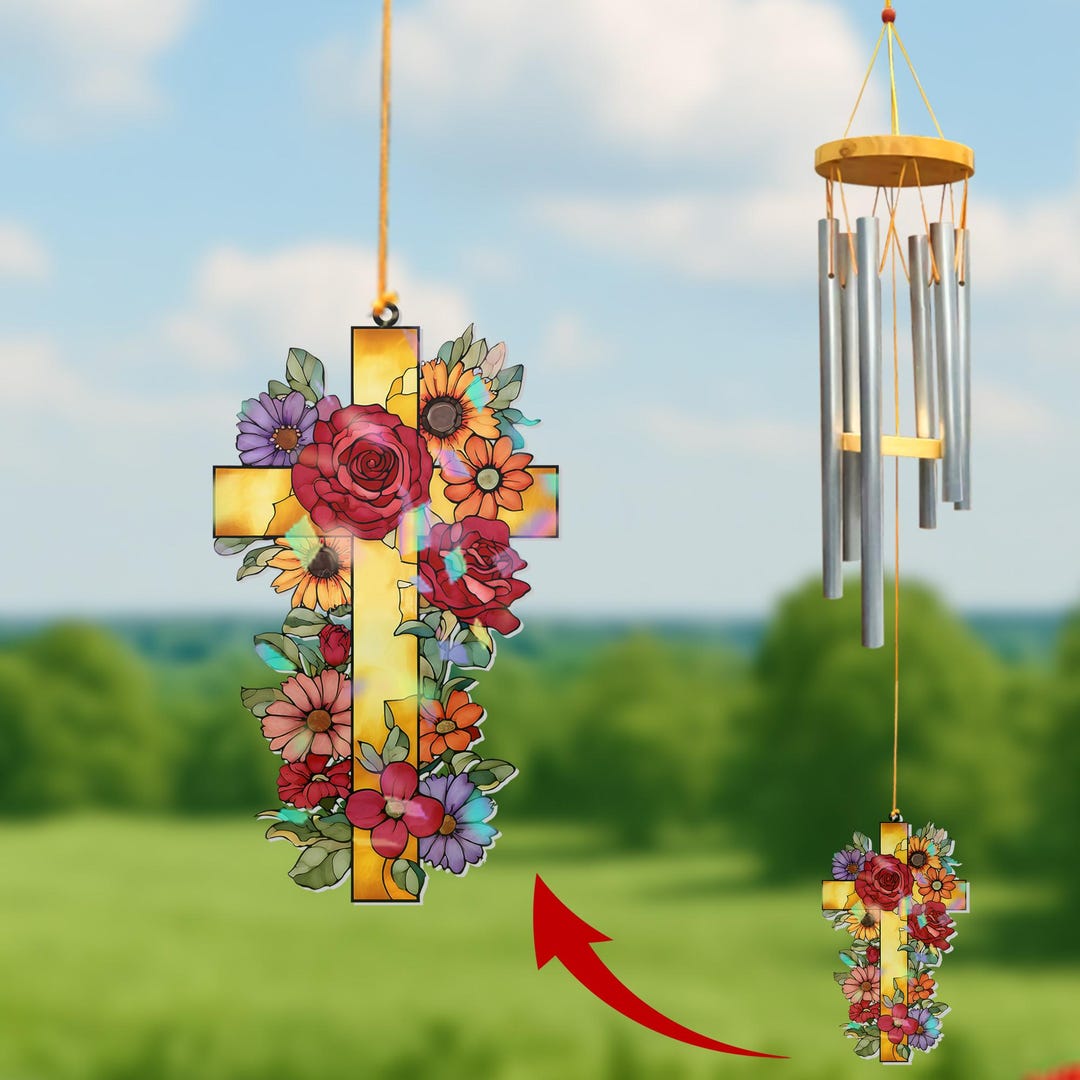 Cross Flower Acrylic Wind Chime, Christian Memorial Garden Decor ...