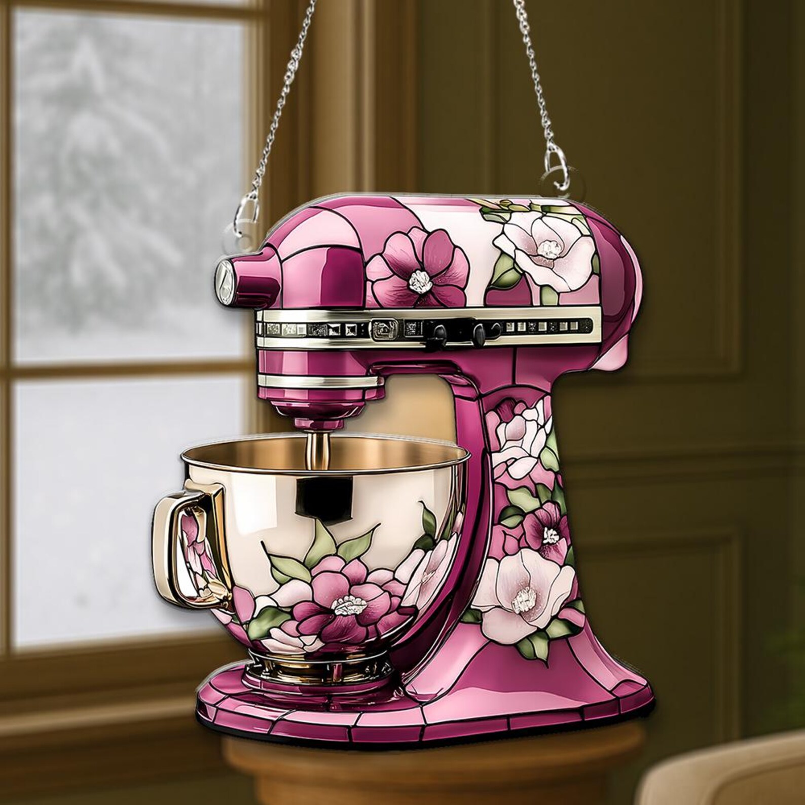 Floral Dough Mixer ACRYLIC Window Hanging, Baking Lover Decor, Floral ...