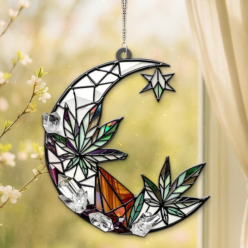 Crescent Moon Cannabis Leaf Acrylic Suncatcher, Faux Stained Glass ...