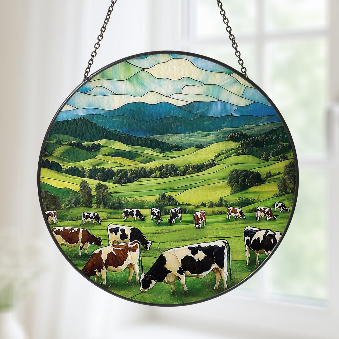 Countryside Cows Stained Glass Suncatcher, Rolling Hills Glass Window ...