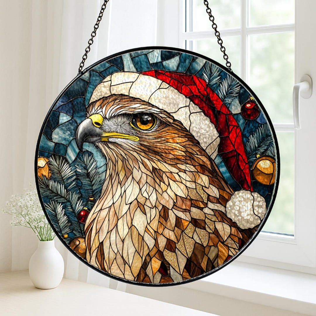 Falcon Stained Glass Suncatcher – Santa Hat Christmas Ornament, Festive ...