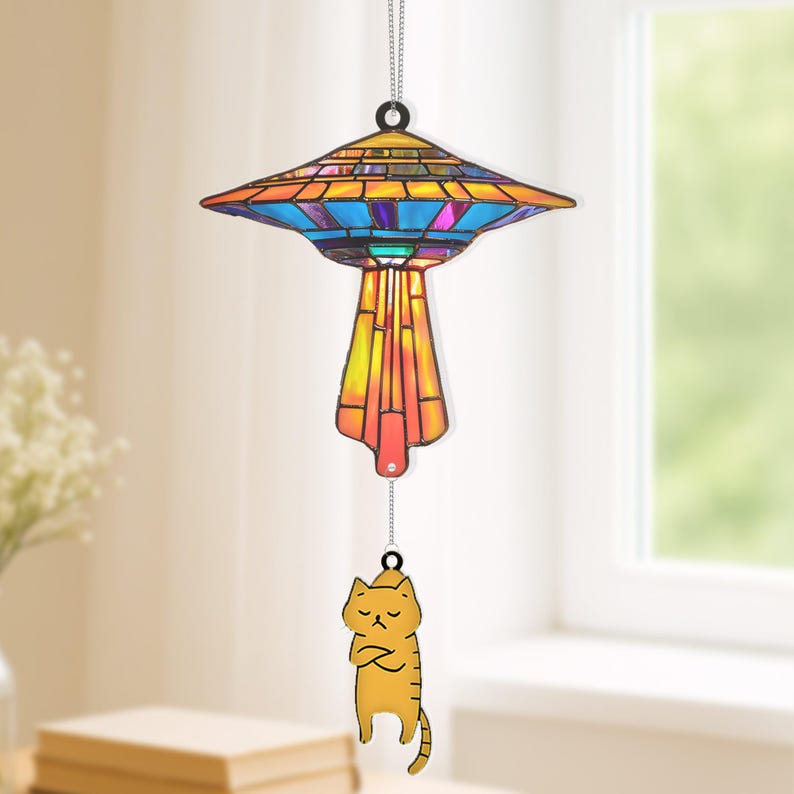 Funny UFO Cat Acrylic Suncatcher, Faux Stained Glass Alien Abduction ...