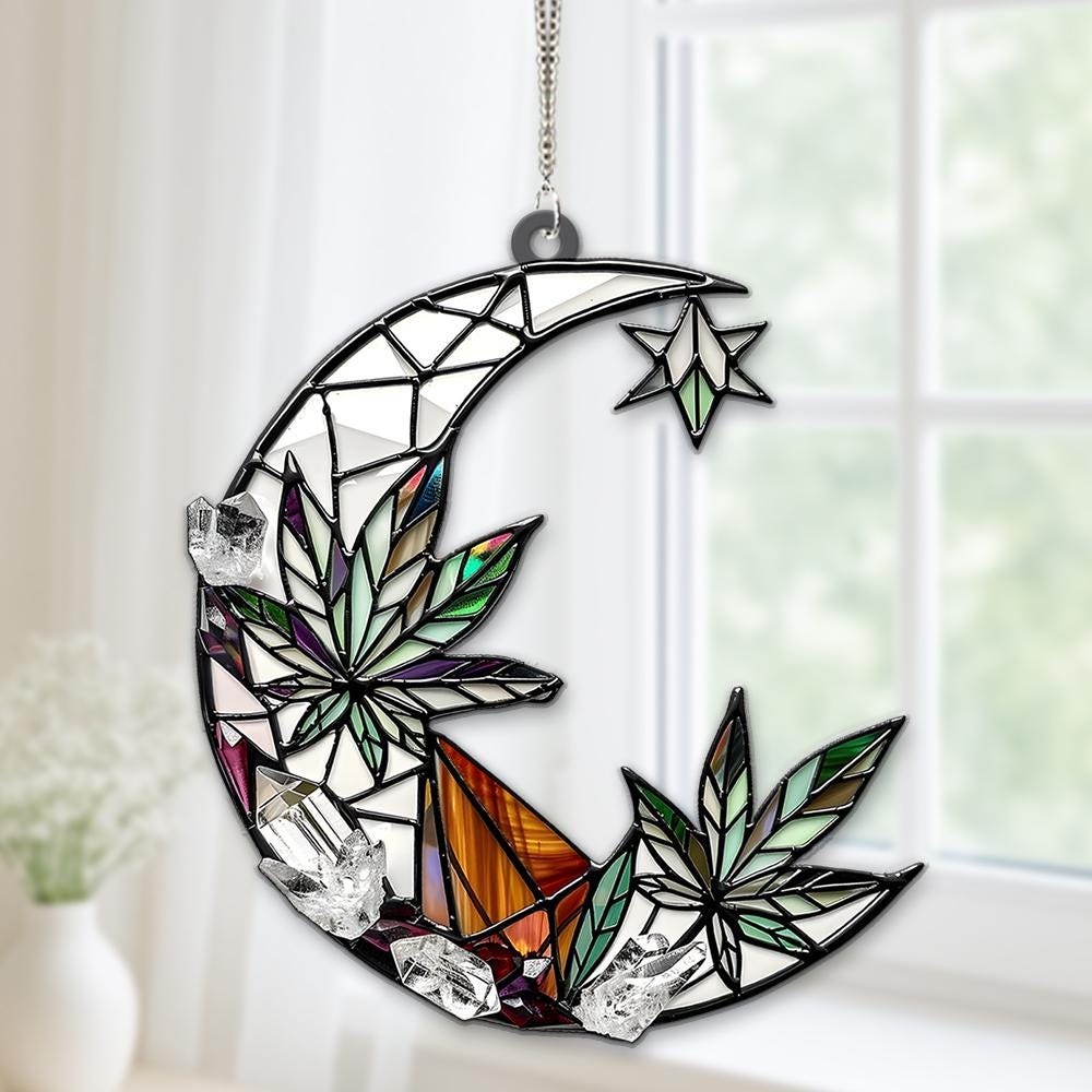 Crescent Moon Cannabis Leaf Acrylic Suncatcher, Faux Stained Glass ...