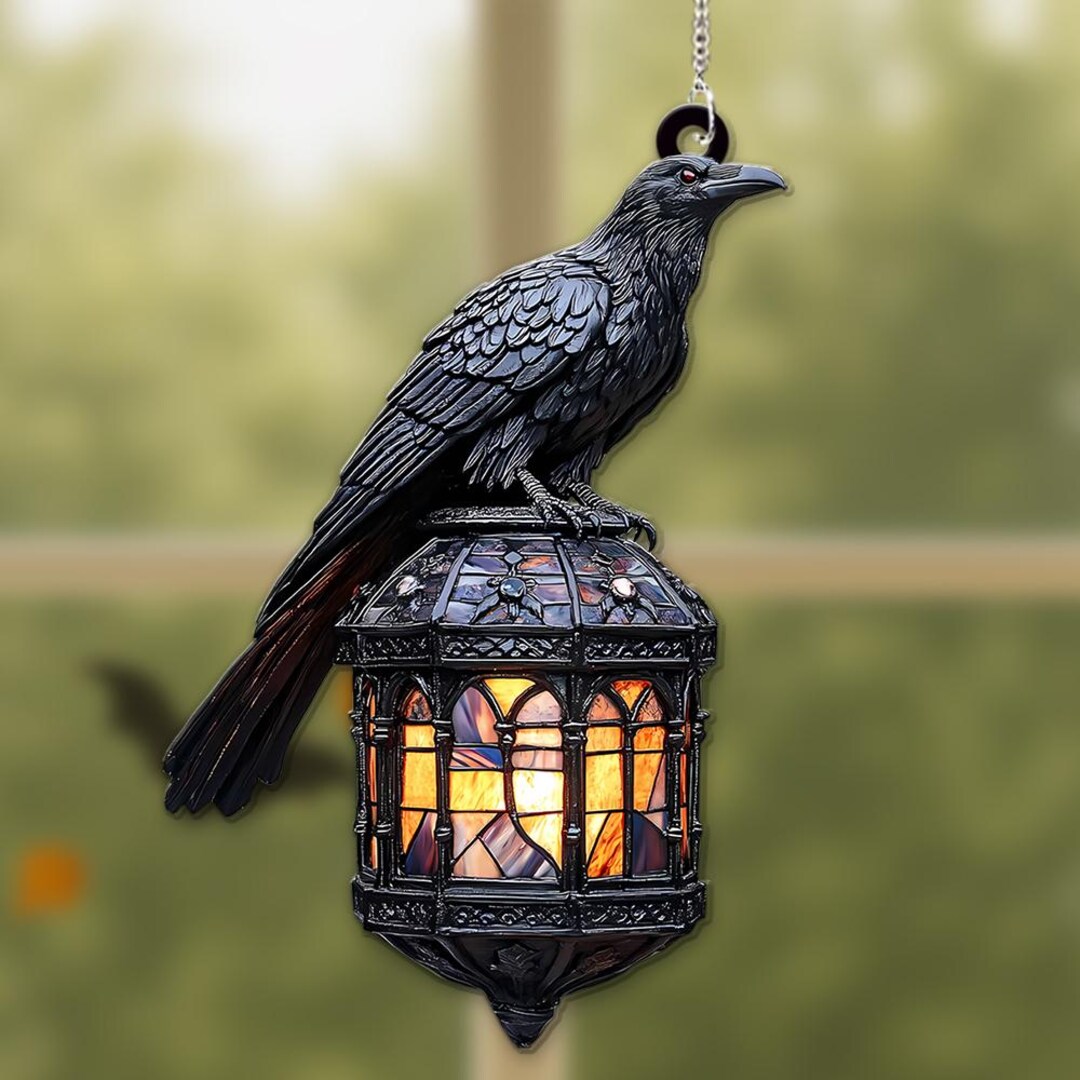 Raven Gothic on Lantern Acrylic Suncatcher, Black Raven Suncatcher ...