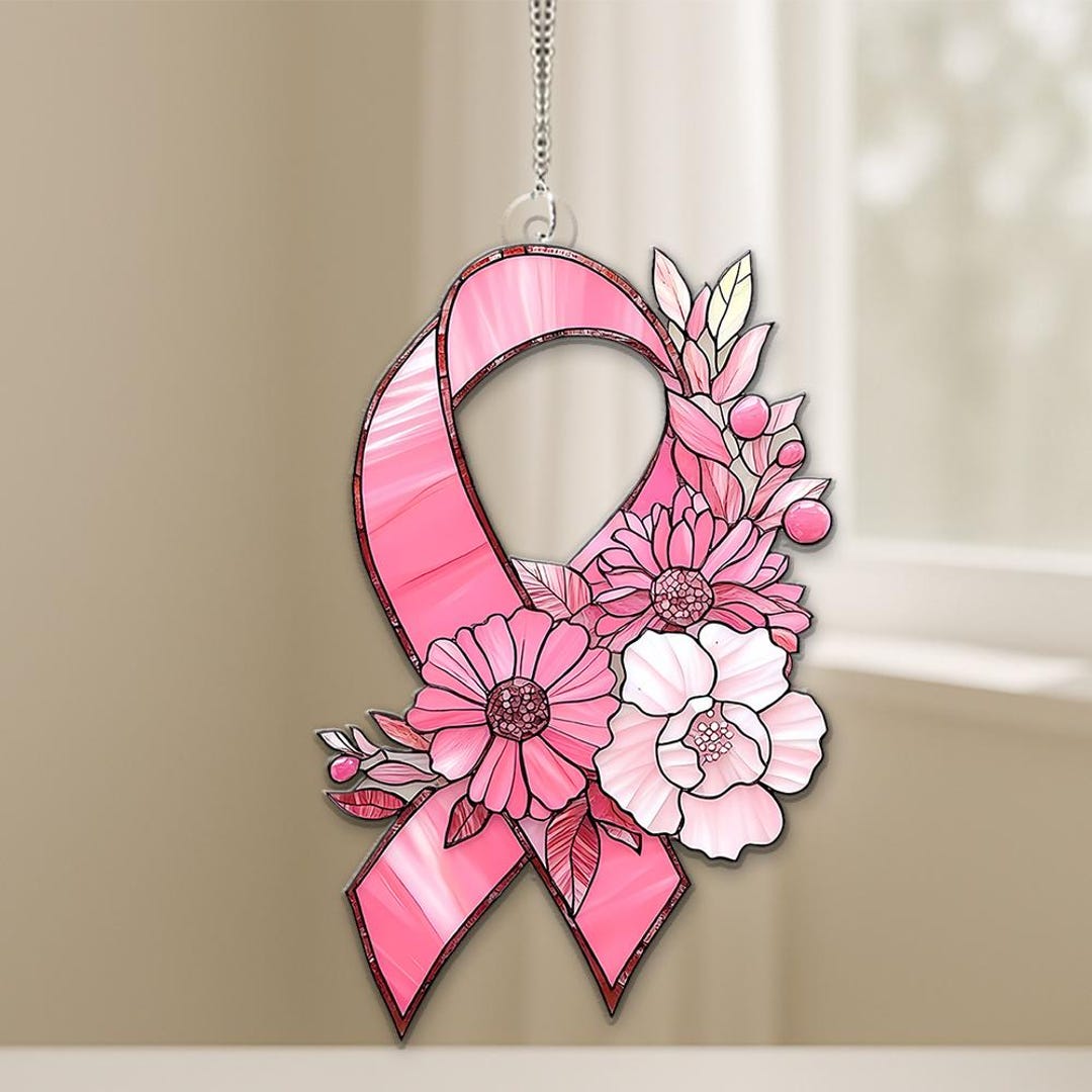 Pink Ribbon Acrylic Suncatcher With Flowers, Breast Cancer Awareness ...