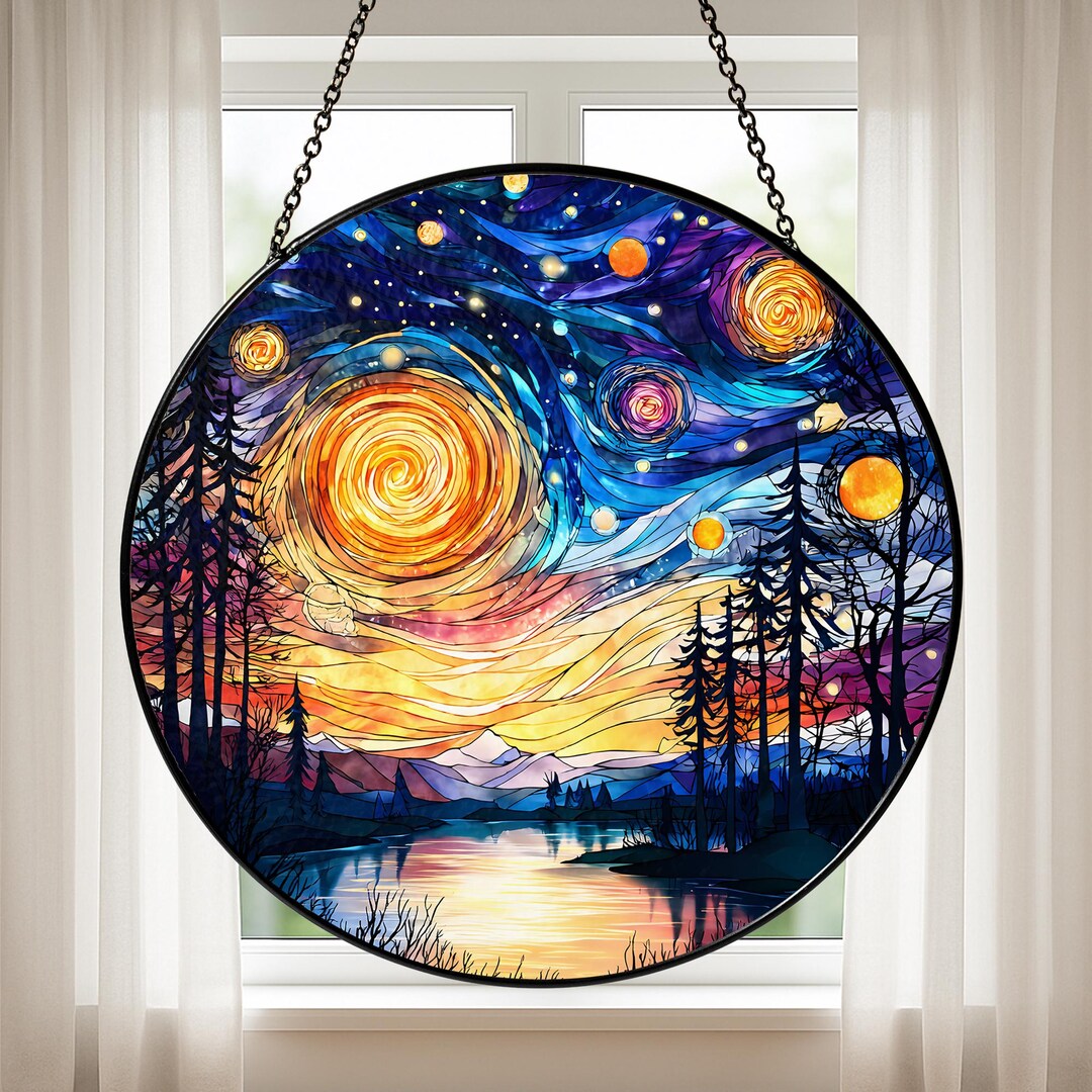 Northern Lights Glass Suncatcher, Forest Aurora Acrylic Window Hanging ...