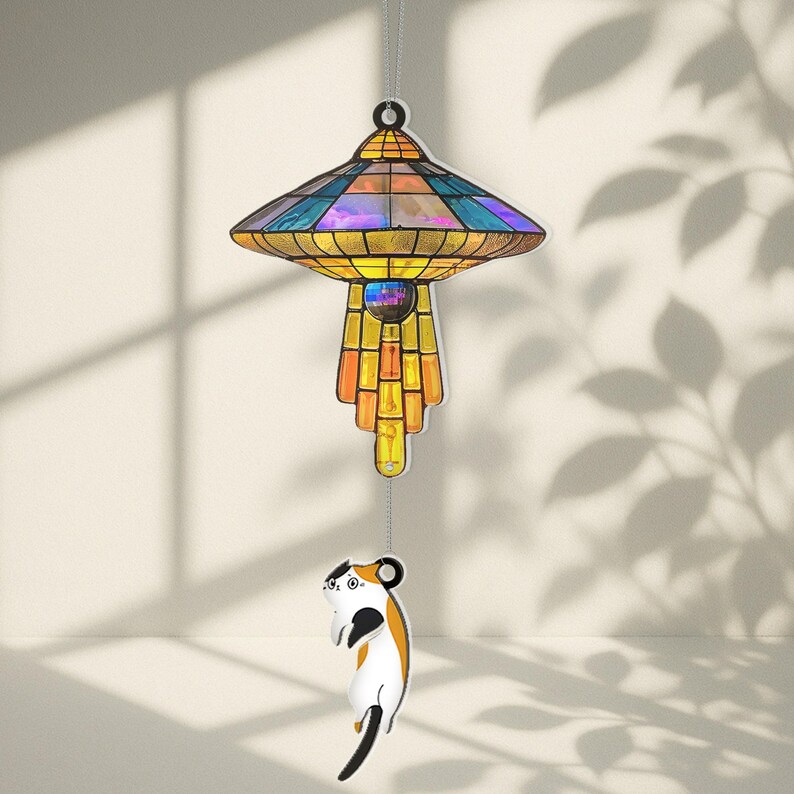 Funny UFO Cat Acrylic Suncatcher, Faux Stained Glass Alien Abduction ...