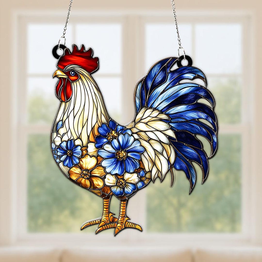 Rooster With Flowers Acrylic Suncatcher, Window Hanging Home Decor ...