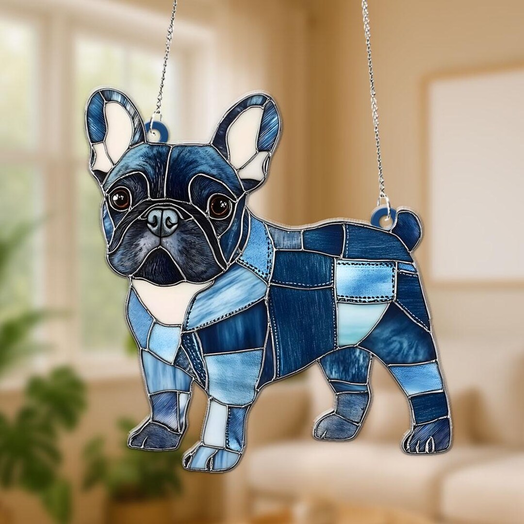 French Bulldog Acrylic Suncatcher, Denim Patchwork Dog Window Hanging ...