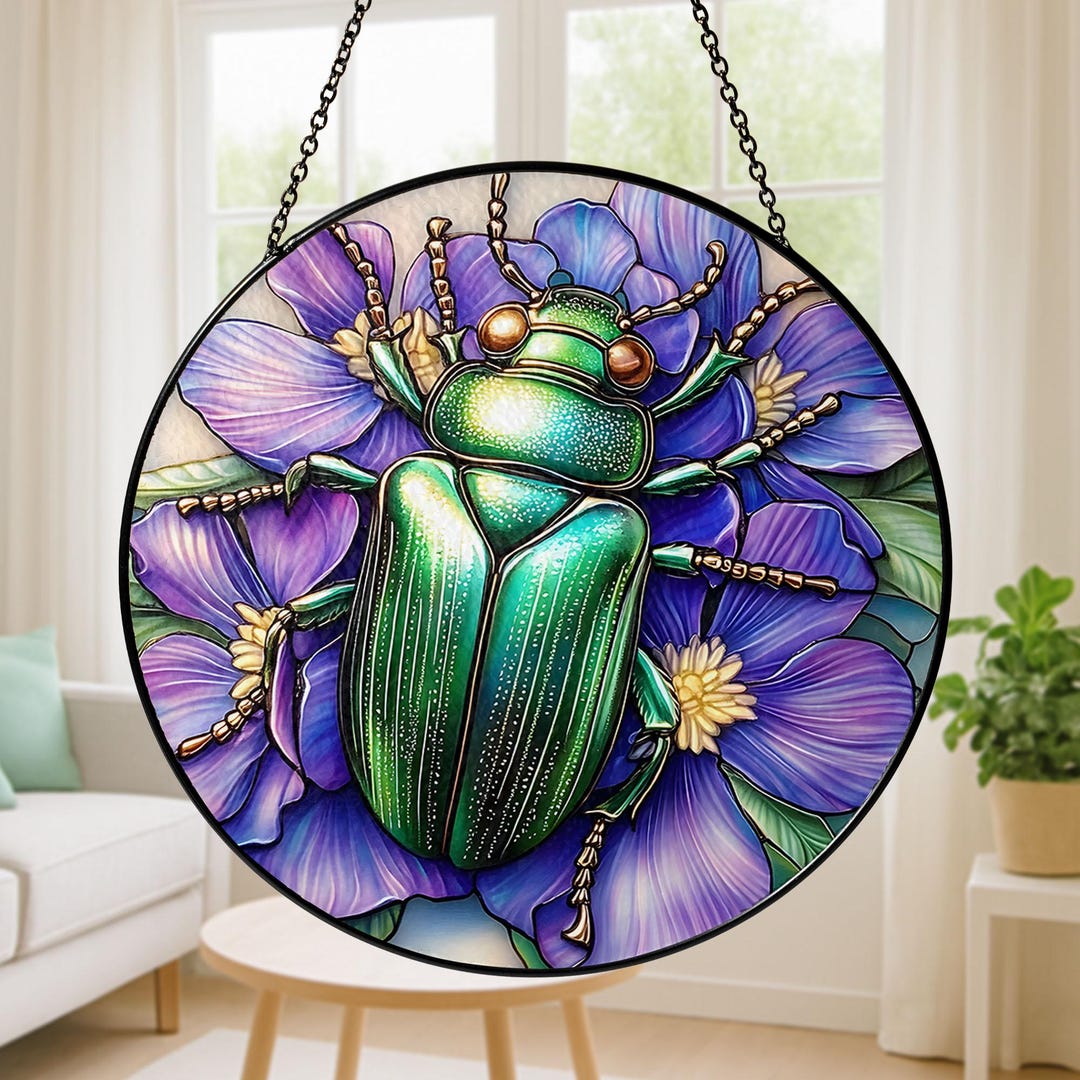 Green Beetle Stained Glass Suncatcher, Window Hanging Home Decor ...