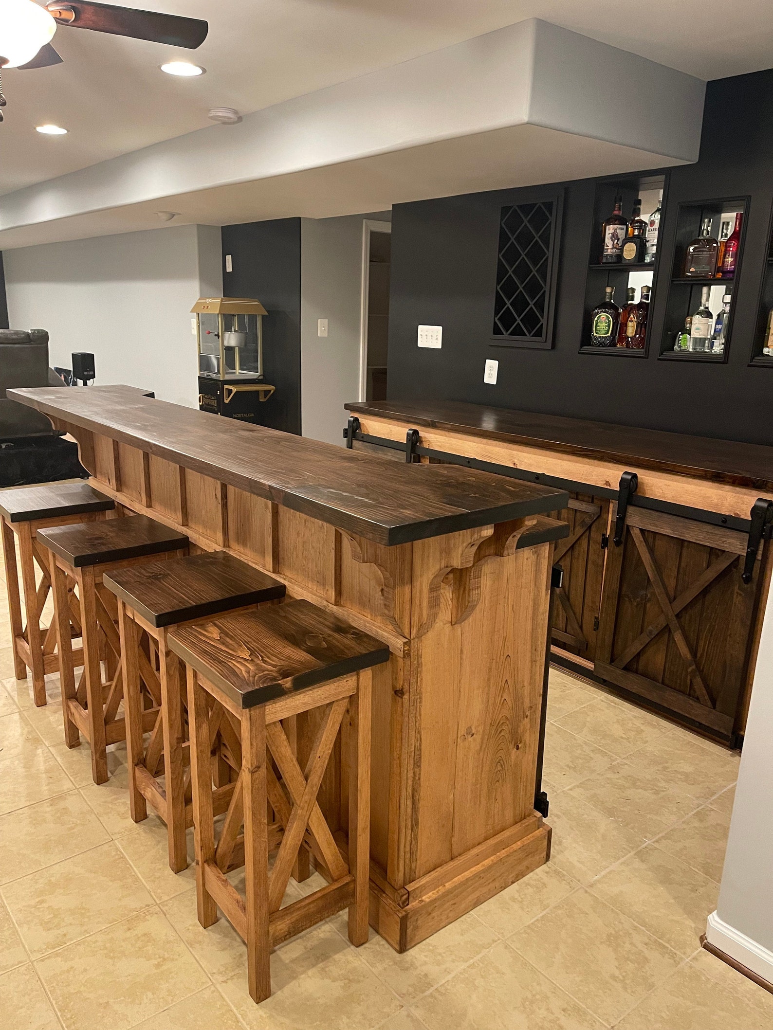 Rustic Farmhouse Bar With Back Bar & Stools: Solid Wood Man Cave ...