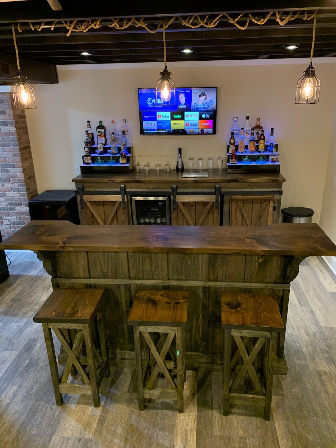 6ft Rustic Bar With Back Bar & Stools: Solid Wood Kitchen Island - Etsy