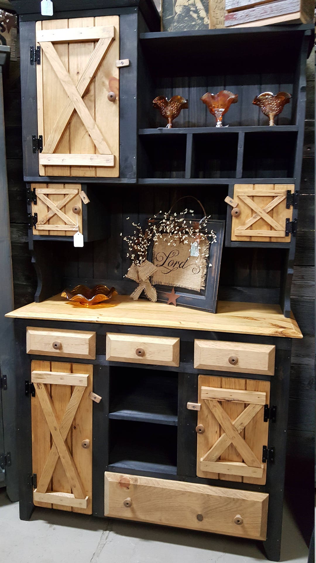 Rustic Farmhouse Hutch: Pine Stepback Cabinet With Barn Doors - Etsy