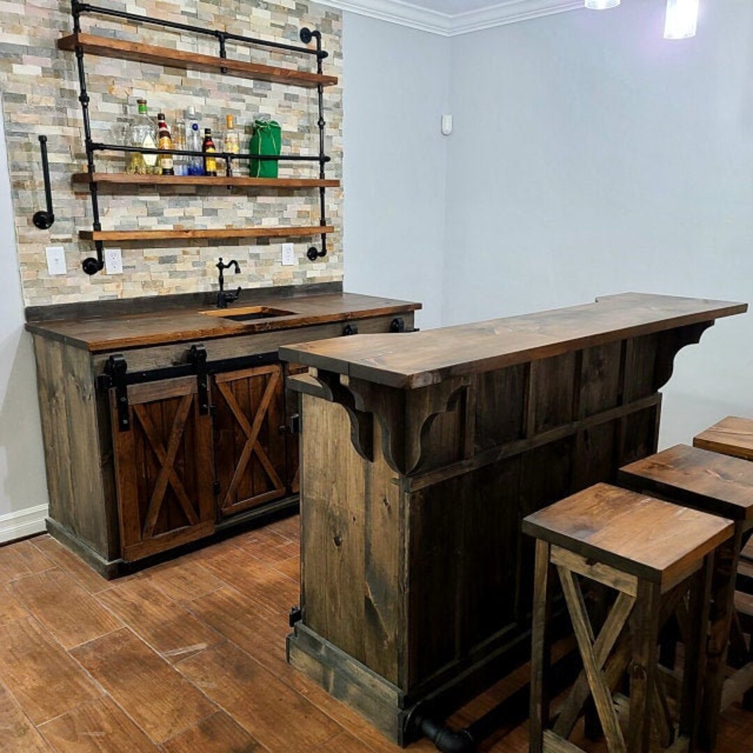 Rustic Farmhouse Bar With Free Stools: Solid Wood Man Cave Furniture - Etsy