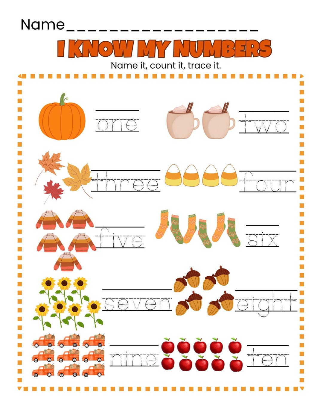 Fall Tracing Numbers 1-10 English Worksheet - Etsy