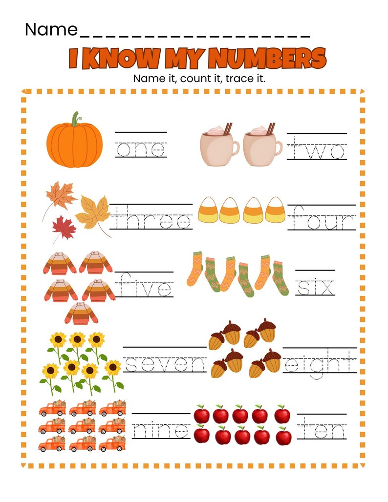 Fall Tracing Numbers 1-10 English Worksheet - Etsy