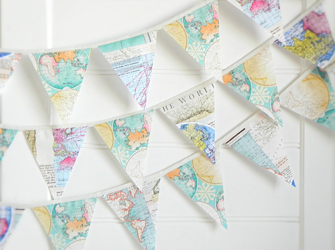 Vintage World Map Bunting Garland for Travel-themed Nursery or ...