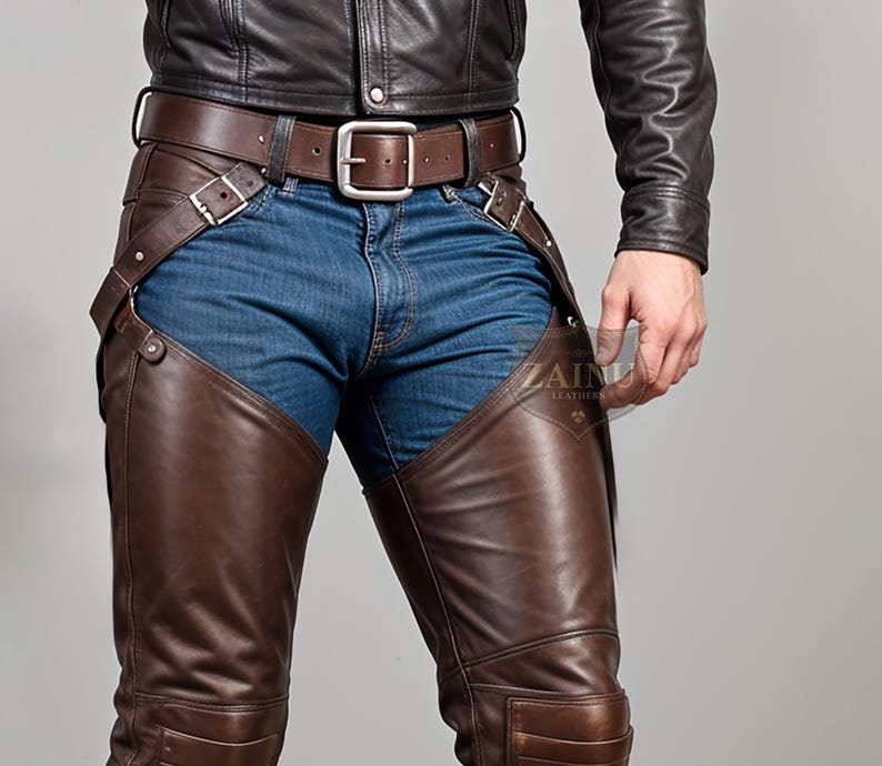 Genuine Brown Leather Biker Chaps for Men | Customizable Motorcycle ...