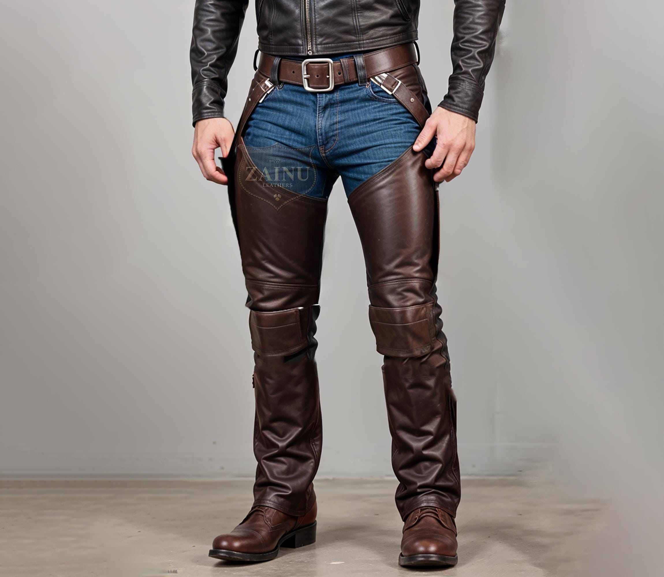 Genuine Brown Leather Biker Chaps for Men | Customizable Motorcycle ...