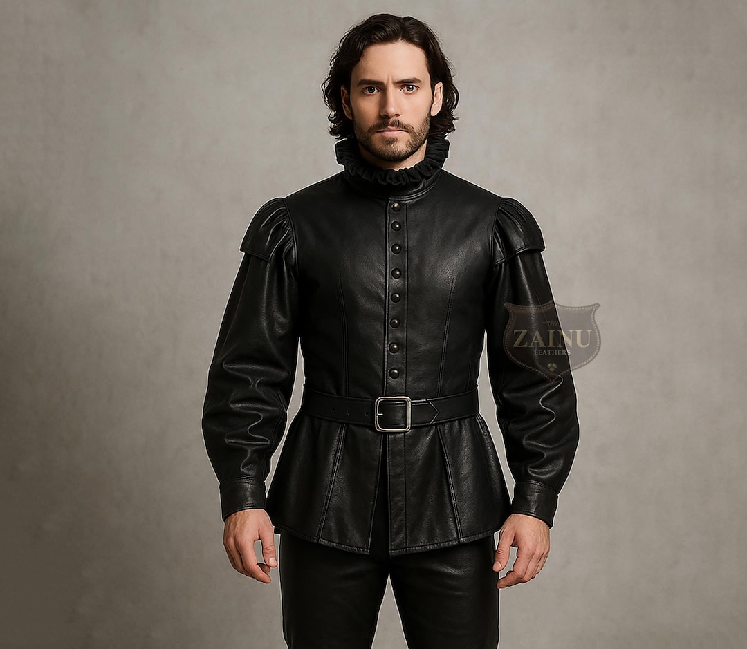 Renaissance Ruffle Neck Black Leather Doublet | Medieval Festival ...