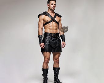 Genuine Black Leather Gladiator Kilt & Harness for Men | Custom Fit ...