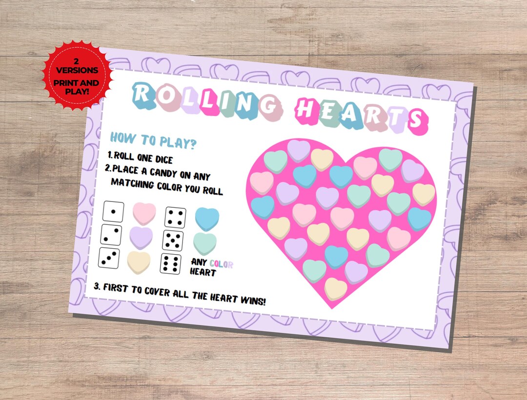 Valentine's Day Candy Game, Printable Rolling Hearts Valentine Games ...