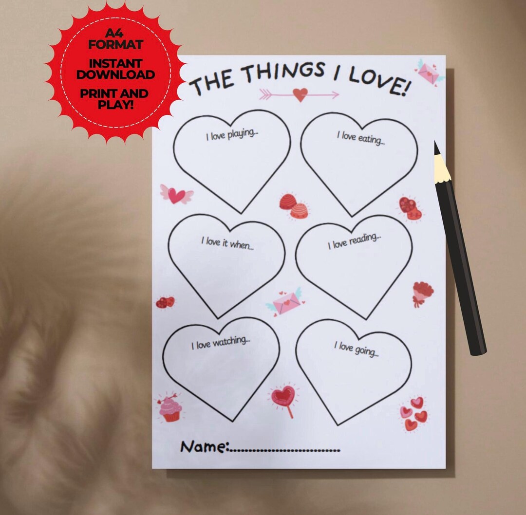Things I Love Writing Activity, Valentine’s Day Printable, Journal ...