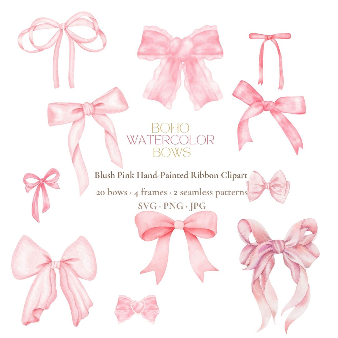 Boho Watercolor Pink Bow Clipart – 20 Hand-painted Ribbons, 300 DPI ...