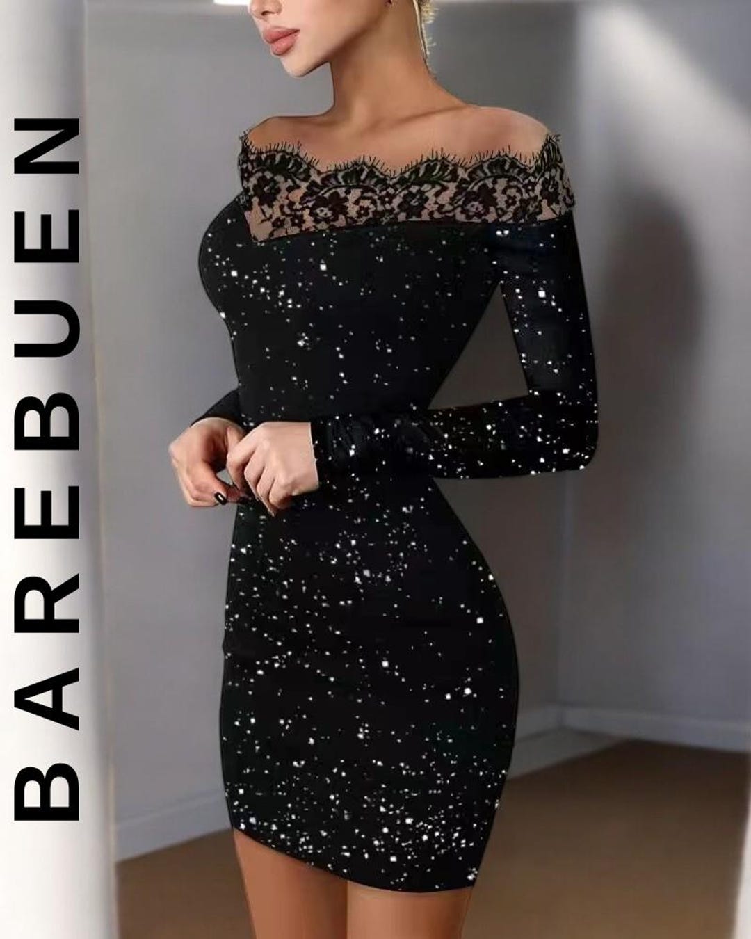 Off-shoulder Black Glitter Dress With Lace Detail, Elegant Evening ...