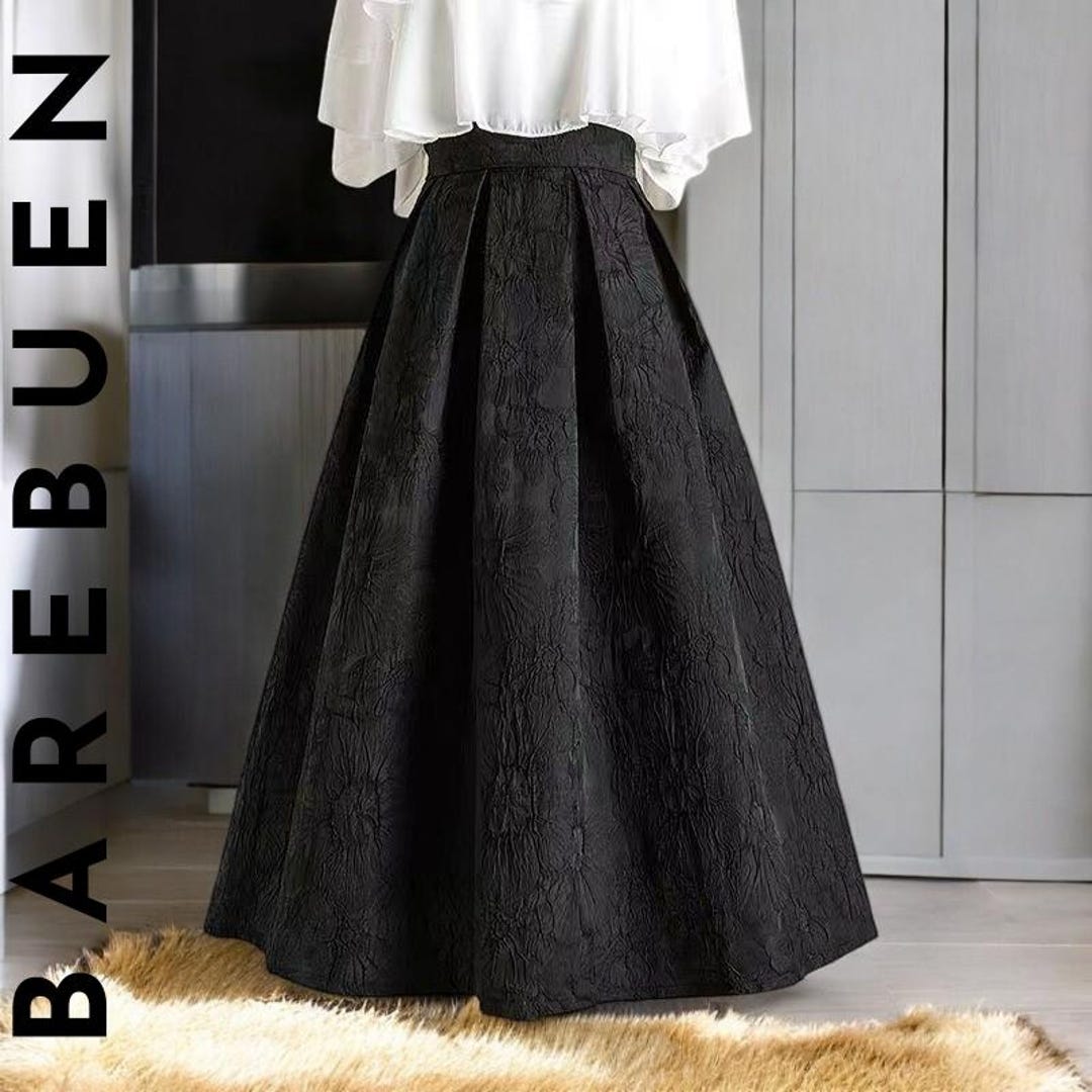 Elegant Black Maxi Skirt High Waist A-line Ball Gown Skirt, Textured ...