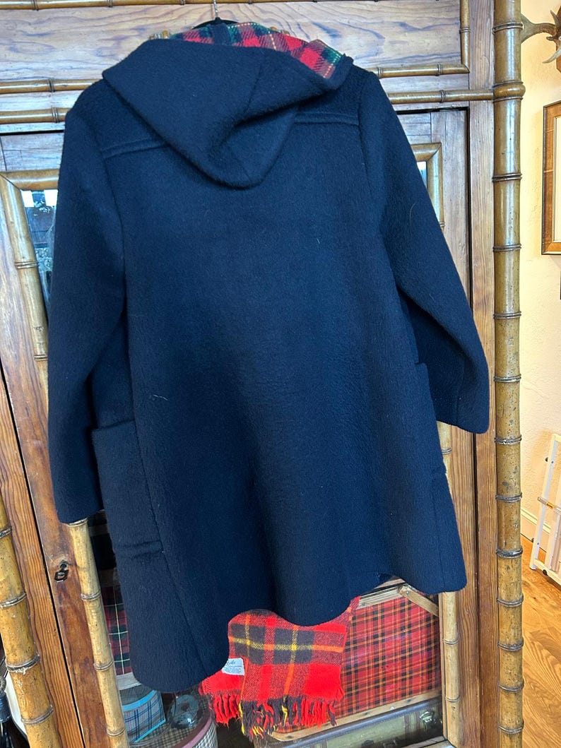Vintage Littlewoods Navy Wool Duffle Coat – Tartan Plaid Lining, Hooded ...