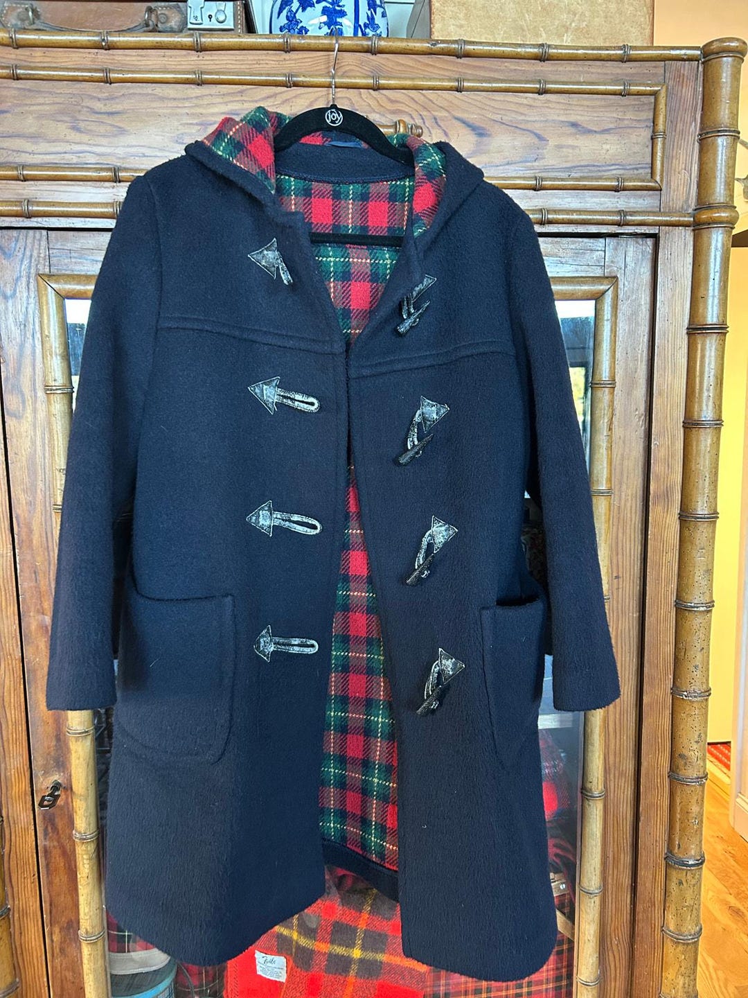 Vintage Littlewoods Navy Wool Duffle Coat – Tartan Plaid Lining, Hooded ...
