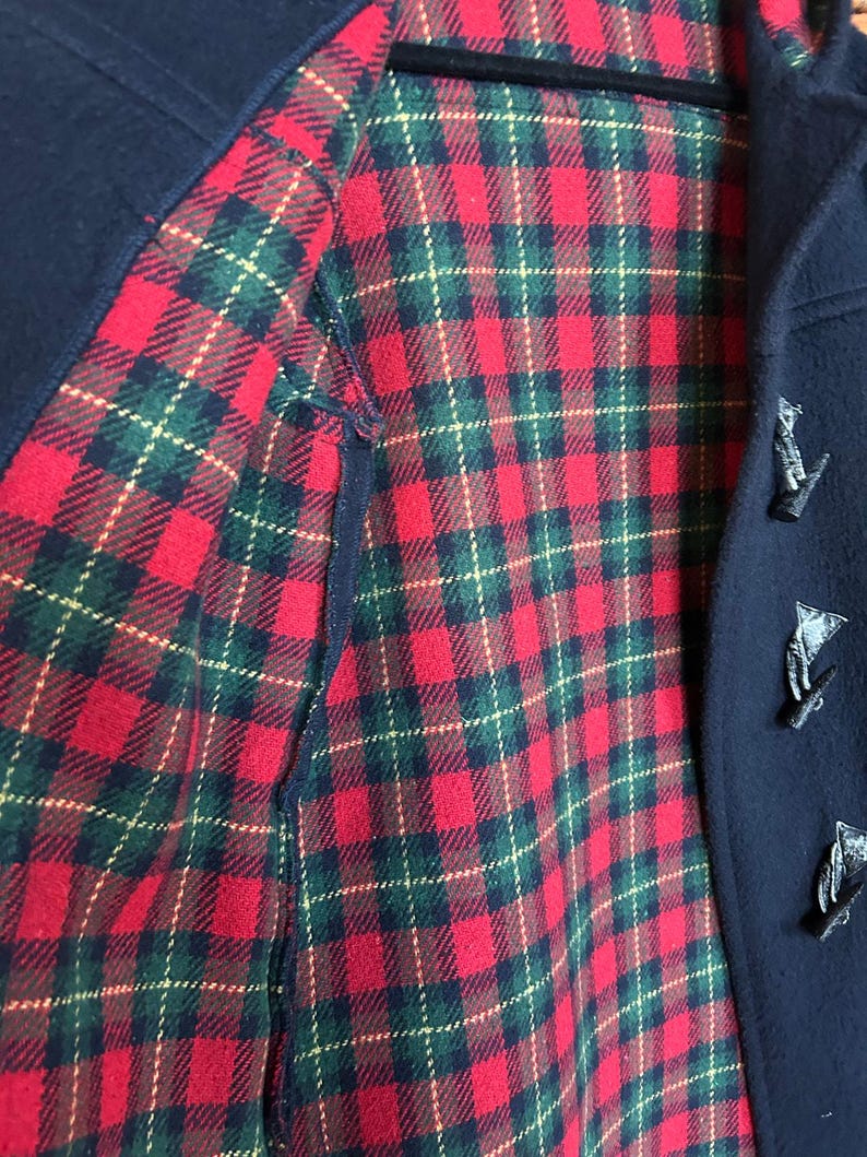 Vintage Littlewoods Navy Wool Duffle Coat – Tartan Plaid Lining, Hooded ...