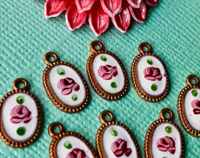 4 Vintage Guilloche Charms, Enameled Charms, Floral Charms, Enamel ...