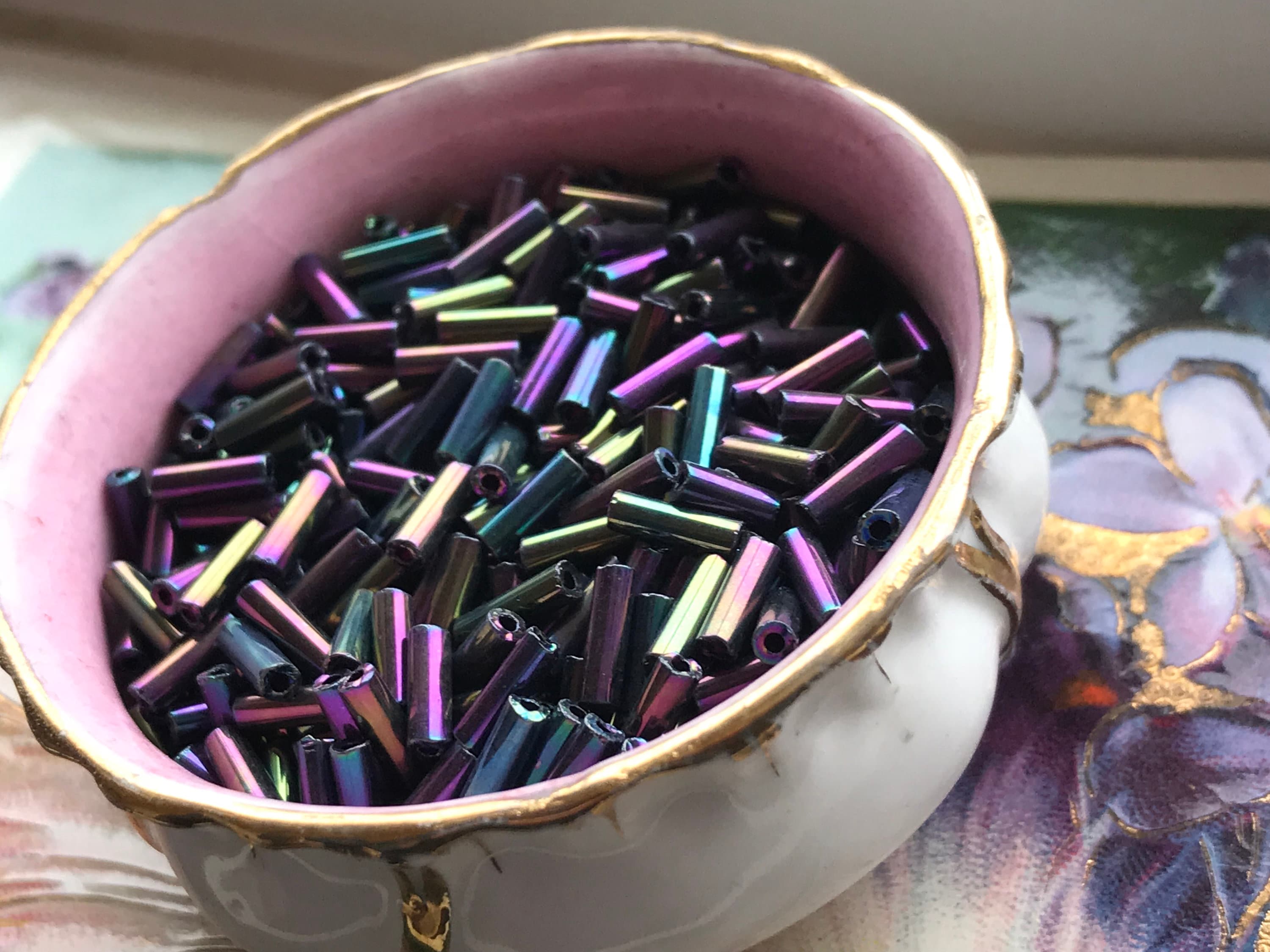 Vintage peacock beads Iridescent Bugle Beads Black Bugle | Etsy