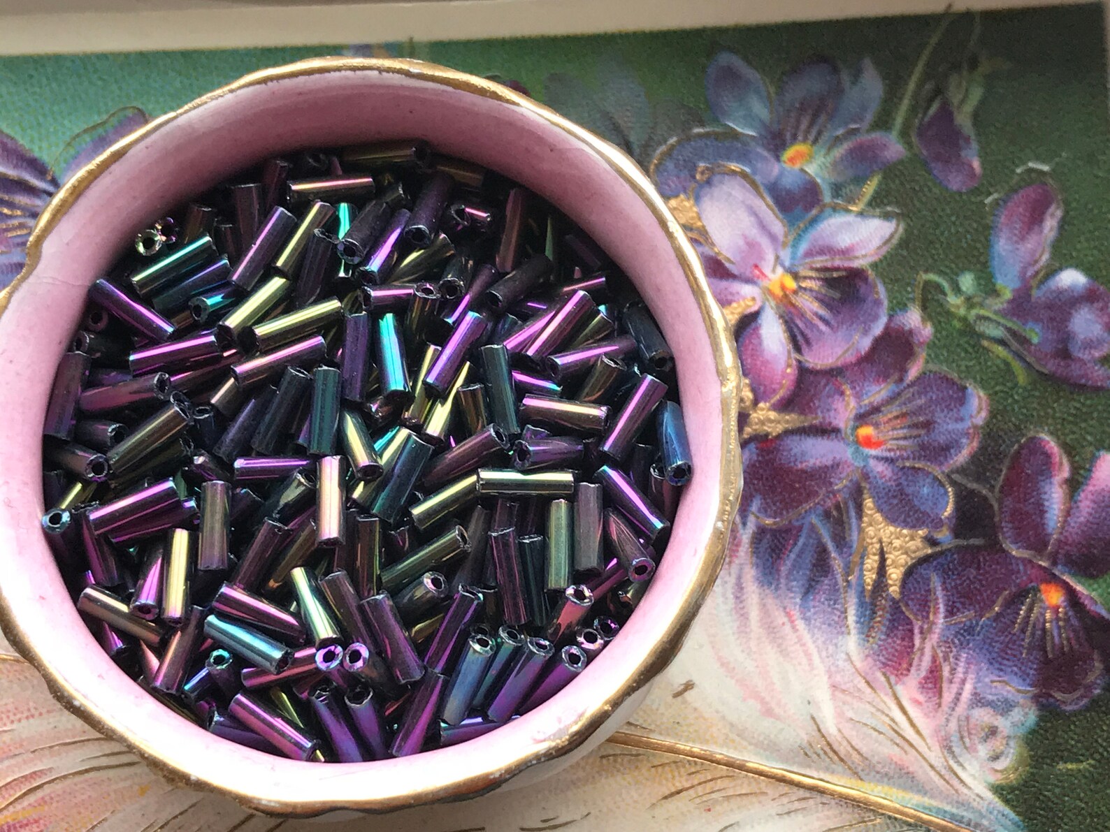 Vintage Peacock Beads Iridescent Bugle Beads Black Bugle - Etsy